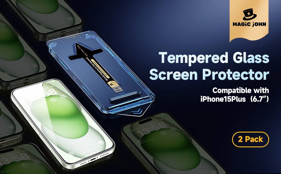 Amazon.com: MAGIC JOHN 2 Pack for iPhone 15 Plus 6.7 inch Tempered Glass Screen Protector, Auto ...