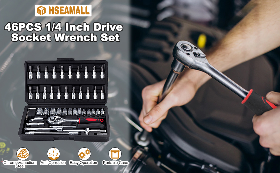 46PCS Ratchet Socket Set 1/4" Drive Socket Wrench Set with Bit Extension Bar Metric Ratchet ...