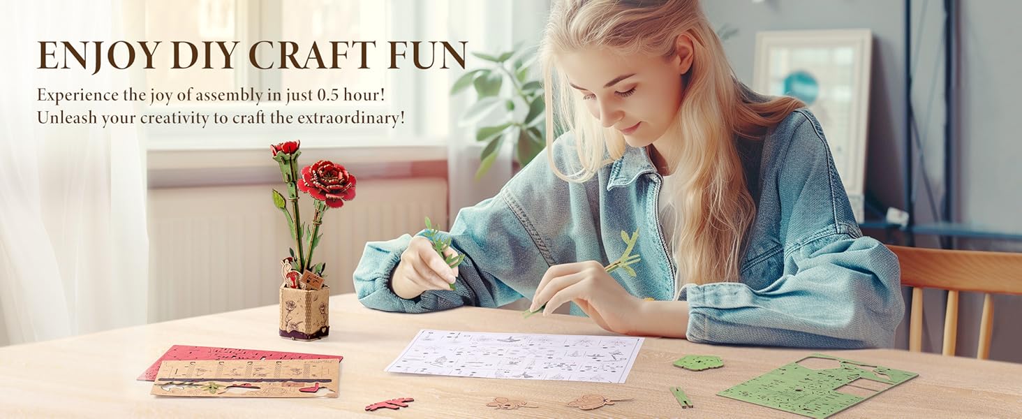 Amazon.com: ROBOTIME 3D Wooden Flower Puzzle, Red Carnation DIY Craft Kit for Adults. Artificial ...