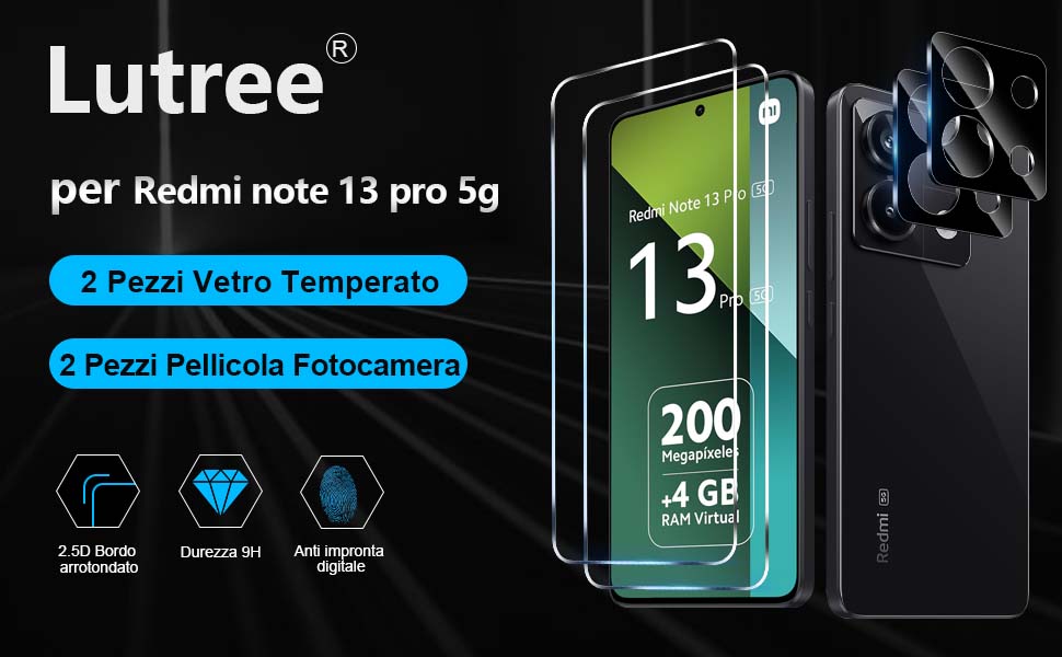 Lutree Vetro Temperato per Xiaomi Redmi Note 13 Pro 5G, 2+2 Pezzi Pellicola Protettiva+Pellicola ...