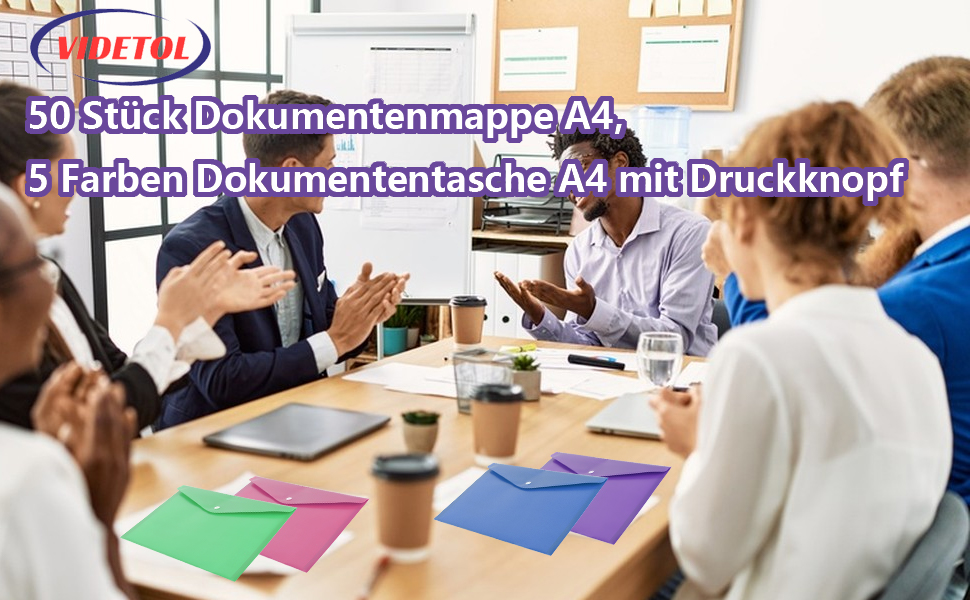 VIDETOL 50 Stück Dokumentenmappe A4, 5 Farben Dokumententasche A4 Abheftbar mit Druckknopf ...