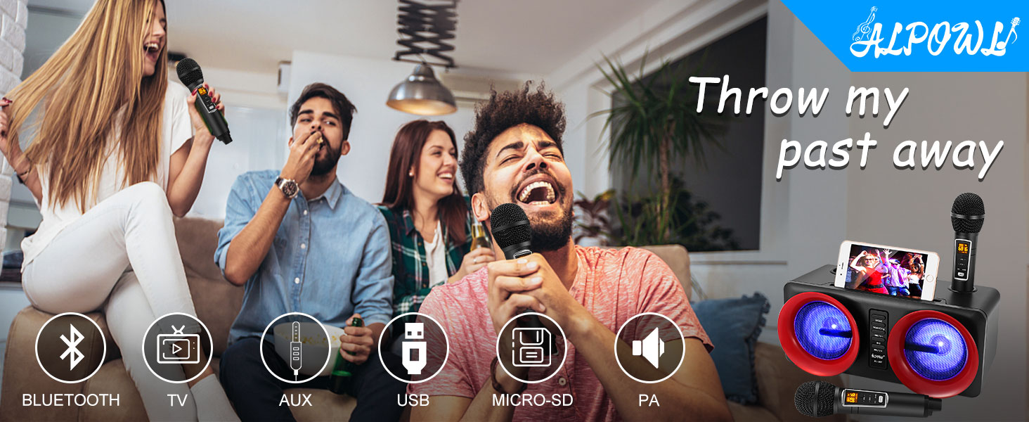 ALPOWL Karaoke Machine, Portable PA Speaker System with 2 Wireless Microphone for Home Party ...