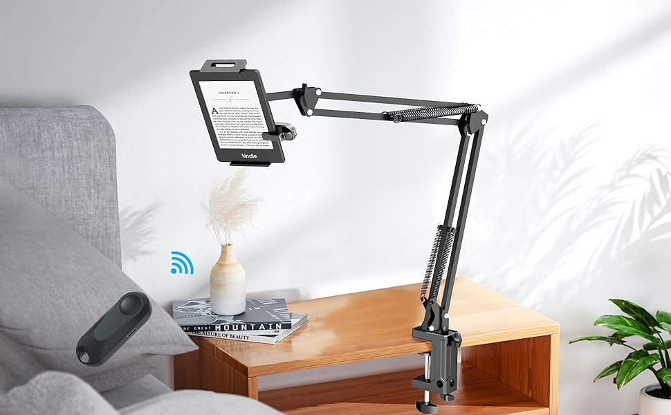Tablet Holder for Kindle Reading in Bed with Remote Page Turner, Easy Adjust Hands Free Lazy Arm ...