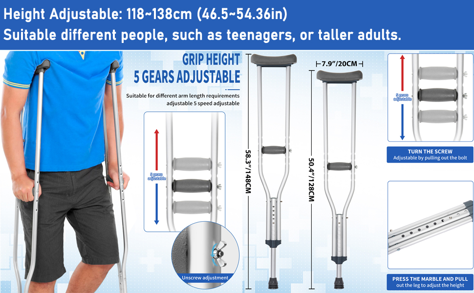 BQKOZFIN Crutches Adults (1 pair), 9-Level Height Adjustable Aluminum Crutches, Lightweight ...