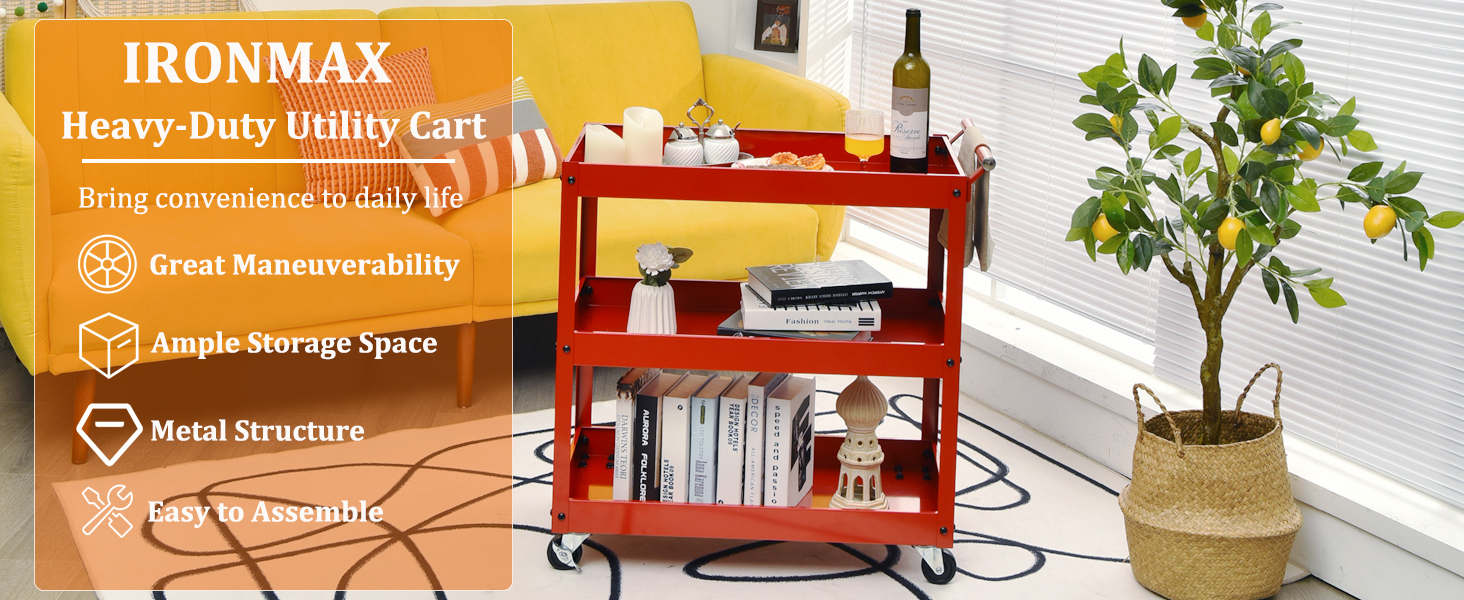 IRONMAX 3 Tier Utility Cart, Heavy Duty Metal Rolling Cart on Wheels with Brake, 330LBS Capacity ...