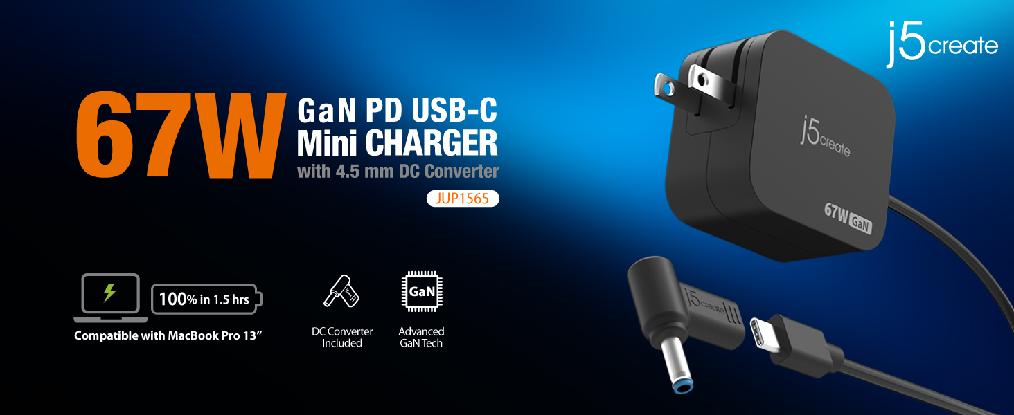Amazon.com: j5create 65W GaN PD USB-C Foldable Mini Charger with HP DC Converter, Suitable for ...