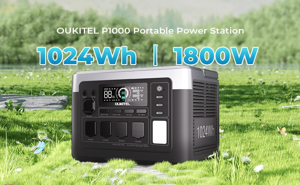 Amazon.com: OUKITEL P1000 Plus 1024Wh Solar Generator with 4 AC Outlets (3600W Peak),1800W Power ...