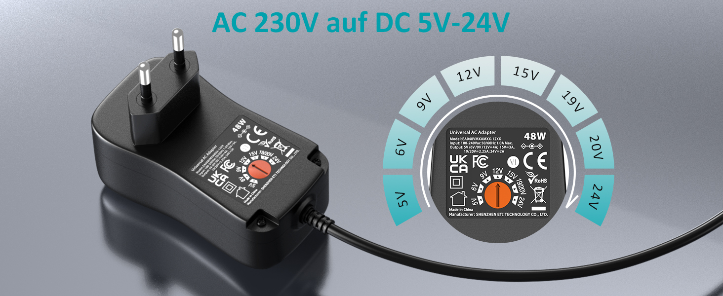 Basicvolt 48W Universal Netzteil Einstellbar 5V 6V 9V 12V 15V 19V 20V 24V AC Adapter mit 10 DC ...
