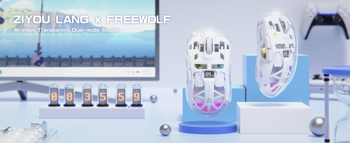 ZIYOU LANG x FREEWOLF Wireless Gaming Mouse, PixArt PAW3212 Dual Mode 2.4G/Bluetooth Transparent ...