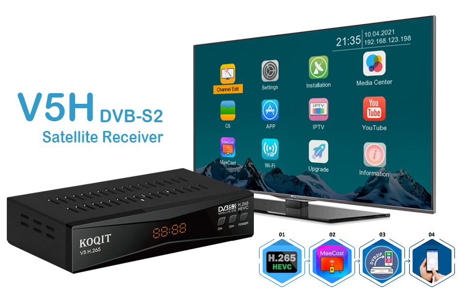 Koqit V5H H.265 HEVC DVB2IP FTA Satellite Receiver Free To Air DVB-S2 Satellite TV Receiver Sat ...