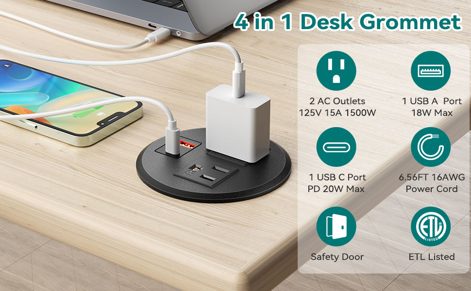 Amazon.com: Desktop Power Grommet with PD 20W USB C, Recessed Power Strip with 2 (TR) AC Outlets ...