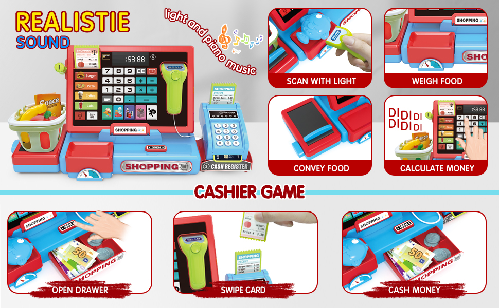 JoyGrow Pretend Play Cash Register Toy with Real Accessories