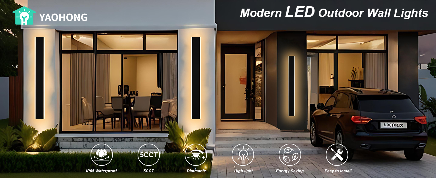 Yaohong 2 Pack 32inch LED Outdoor Long Wall Lights, Black Dimmable Exterior Lighting Fixtures ...