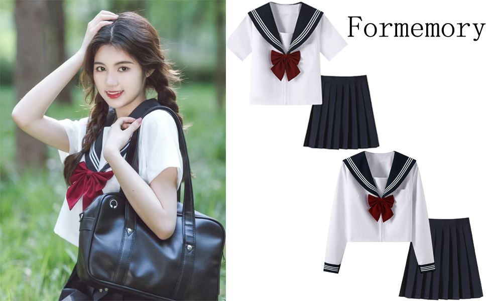 Amazon.co.jp: [Formemory] セーラー服 本格制服 コスプレ JK 女子高生 コスプレ 制服 ホワイト 長袖と半袖の2種類 セーラー服 スカート 蝶結び 3点セット JK ...