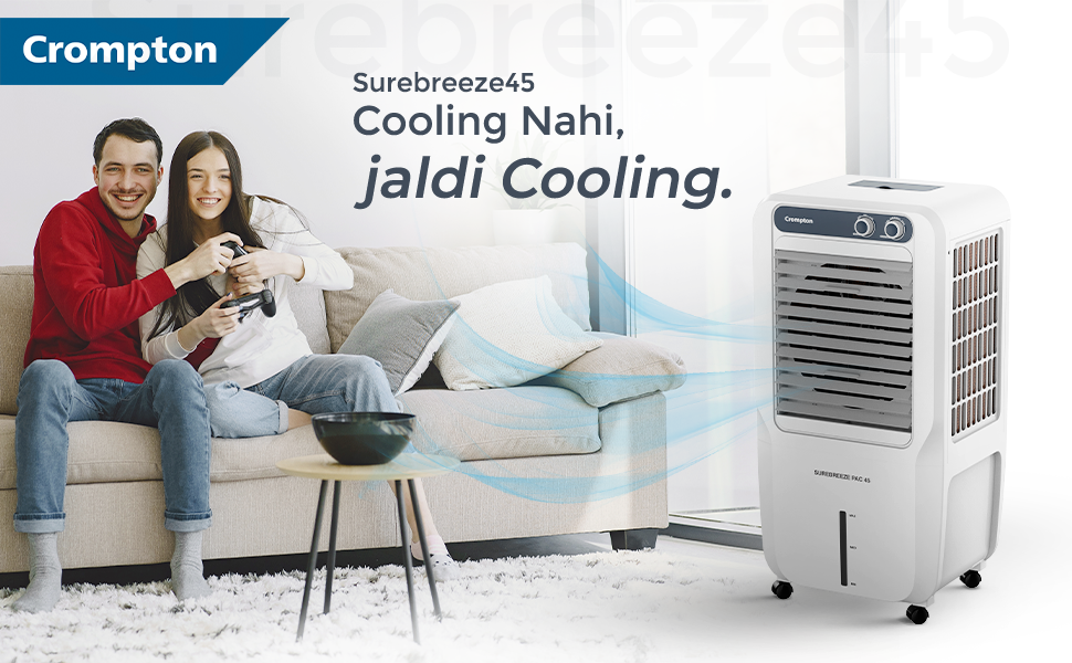 Crompton Surebreeze Personal Air Cooler-45L;Auto Fill, 4-Way Air Deflection and High Density ...