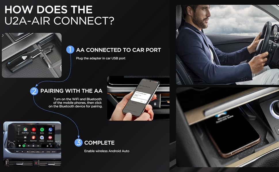 MSXTTLY Wireless Android Auto Adapter U2A-AIR Wireless A2A Dongle, for Cars with Factory Android ...