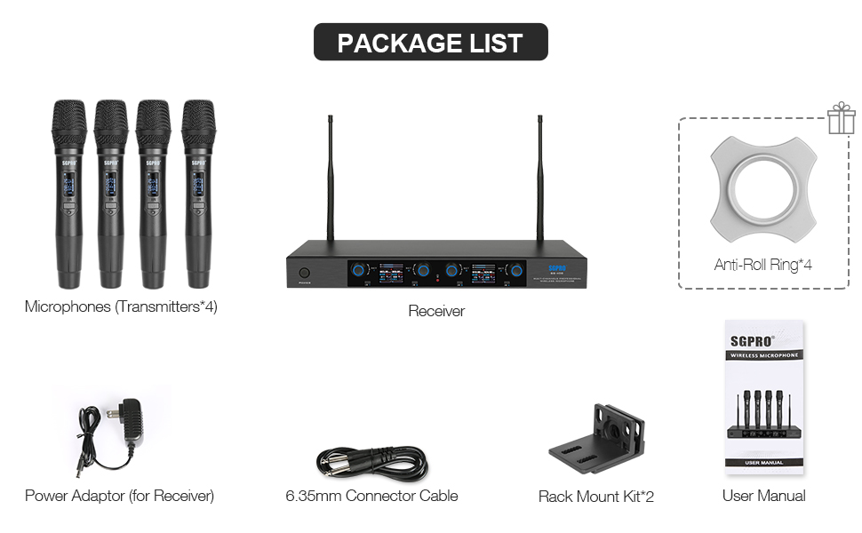 Amazon.com: SGPRO 4-Handheld Wireless Microphone System with 65 UHF Channels Each, 262ft Range ...