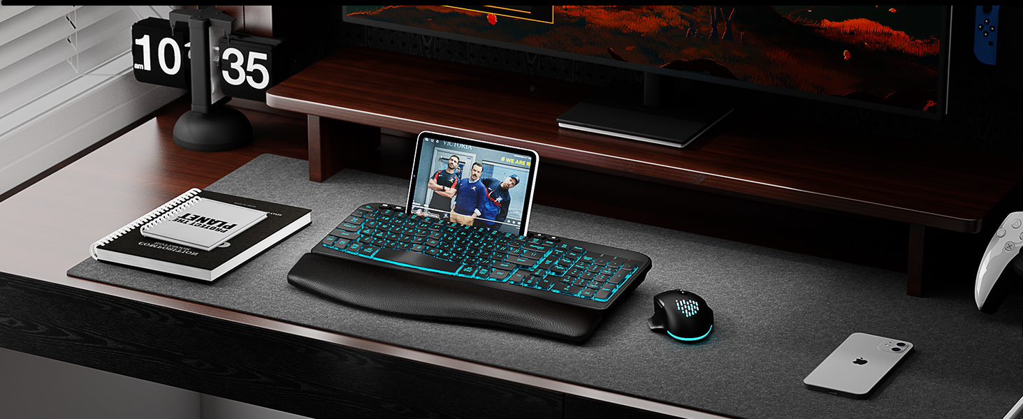 Sablute Wireless Keyboard And Mouse Combo Ergonomic Wave Keyboard With Soft