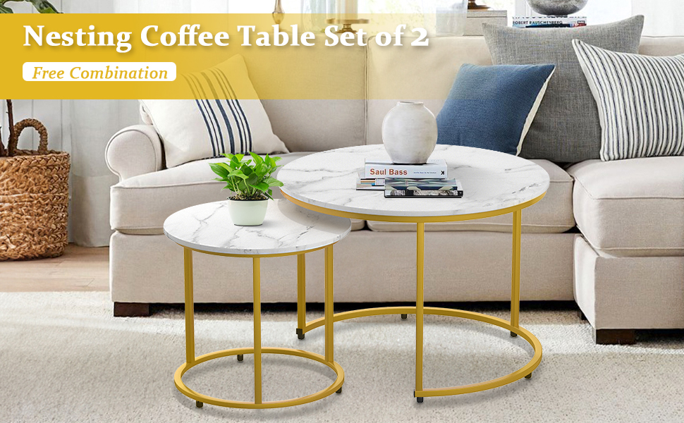 Amazon.com: AuraBasic Nesting Table Set of 2, Round Coffee Table for ...
