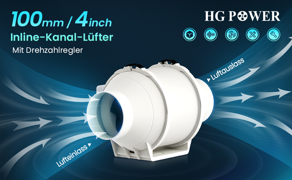 HG Power Rohrventilator 100mm Regelbar, 366m³/h Abluftventilator mit Drehzahlregler EC Motor 110 ...
