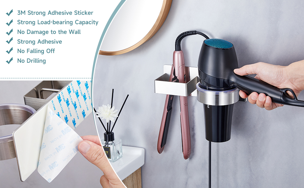 YYBO Hair Dryer and Straightener Holder, Hair Dryer Holder Wall Mount, Adhesive Hairdryer Holder ...