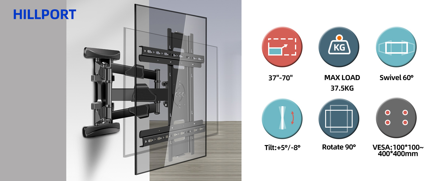 HILLPORT TV Wall Bracket 37-70 Inch 90° Rotate Tilting Swivel TV Mount for Wall for Vertical TV ...
