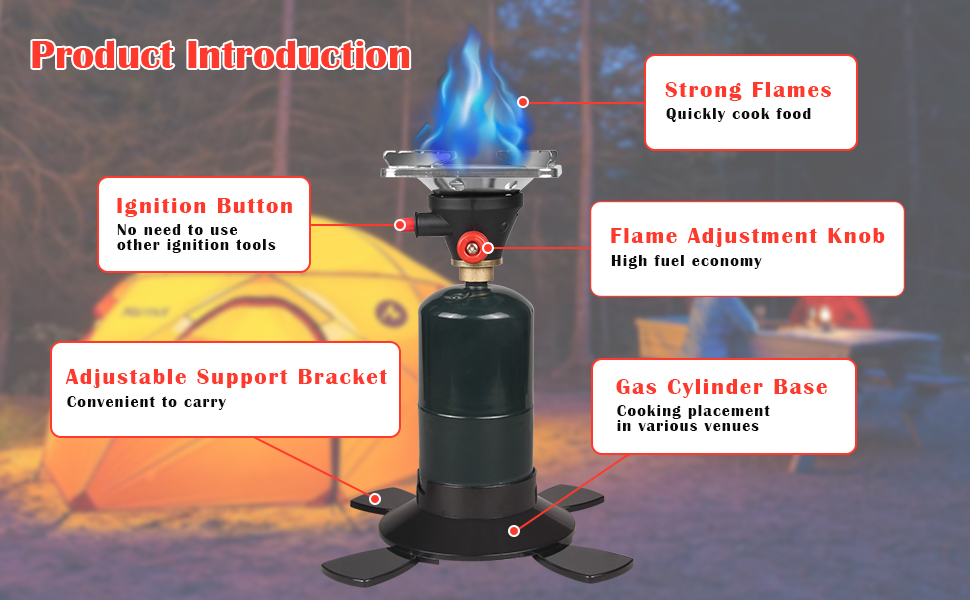 DOMINOX Portable Propane Camping Stove with Button Starter, 10,000 BTU Burner, Backpacking Stove ...