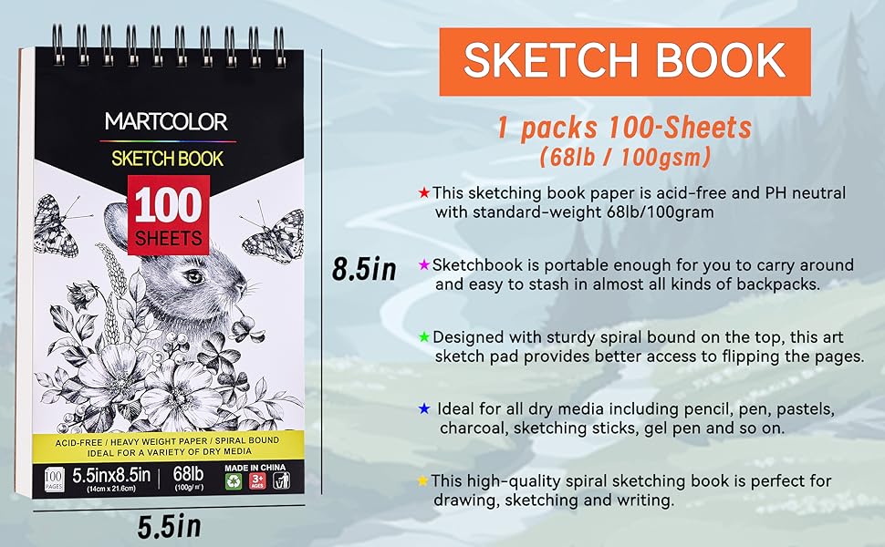 Amazon.com: MARTCOLOR 5.5X8.5” Premium Sketch Book Set, 1 Pack, 100 Sheets(68 lb/100gsm ...