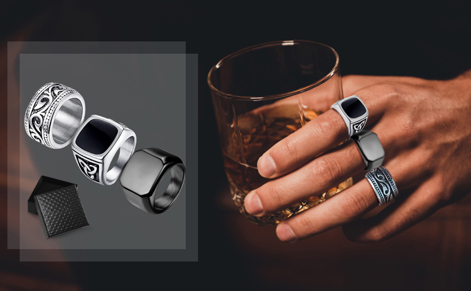 3 Pzs Anillos para Hombre Anillo de Hombre Cuadrado Simple Tamaño Opcional 8-12, Anillo de Acero ...