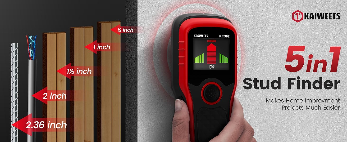 KAIWEETS Stud Finder Wall Scanner, 5 in 1 Electronic Stud Detector with Color LCD Display and ...