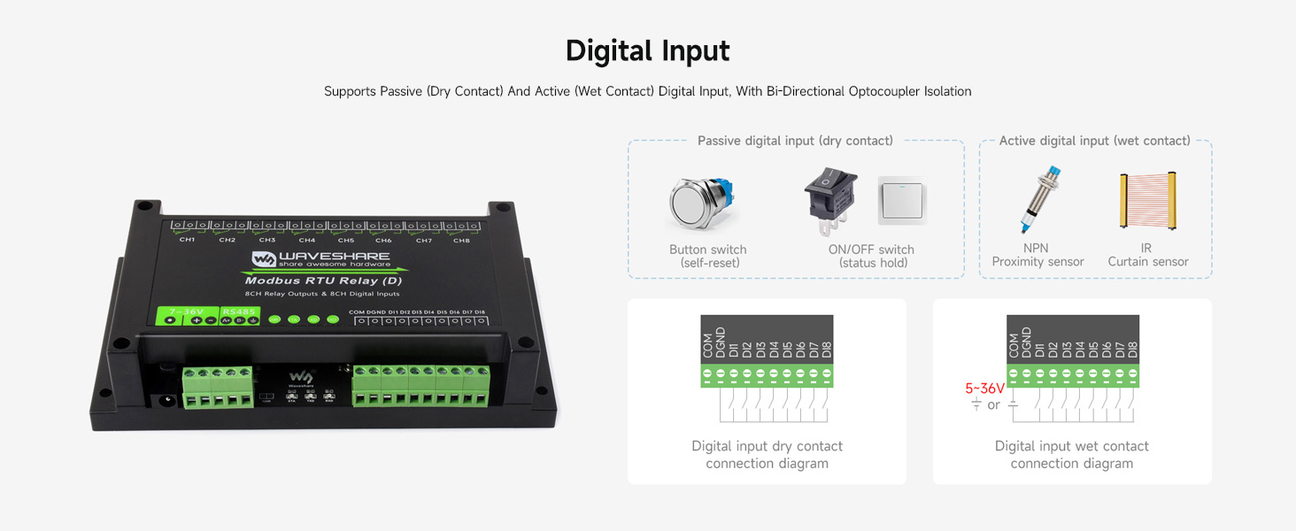 Waveshare Industrial Modbus RTU 8-Ch Relay Module (D) with Digital Input and RS485 Interface ...