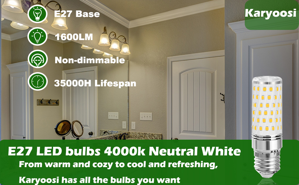 Karyoosi Lampadine LED E27 16W 1600LM, Luce Naturale 4000K, Lampade LED E27 Equivalenti a 150W ...