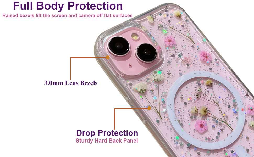 Amazon.com: ASONCE Real Flowers for iPhone 15 Case Cute,Clear Glitter Magnetic Phone Cover with ...