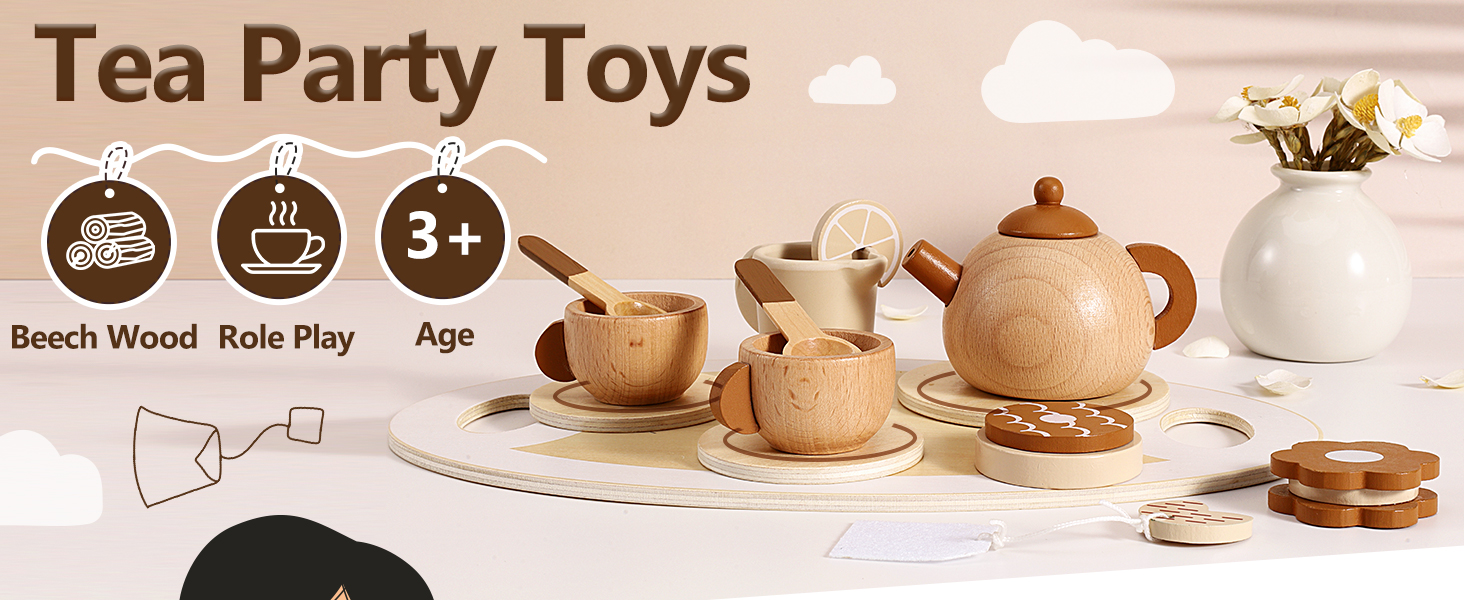 HERSITY Wooden Afternoon Tea Set Toys for 3+ Year Old Girls Boys, Kids Tea Party Set Pretend ...