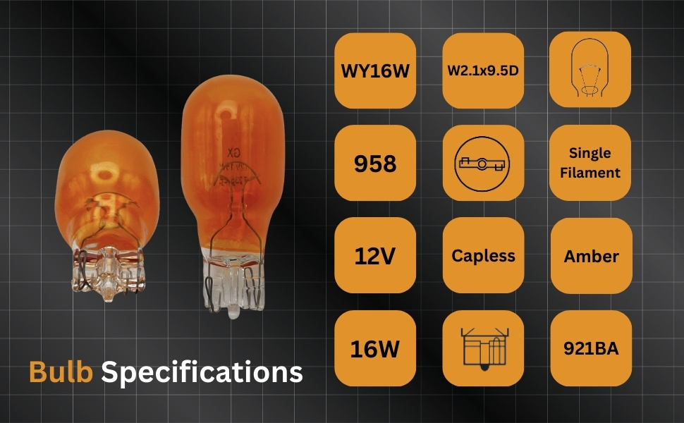 Tek Automotive 958 WY16W Amber Car Light Bulbs, Orange Indicator Bulbs ...