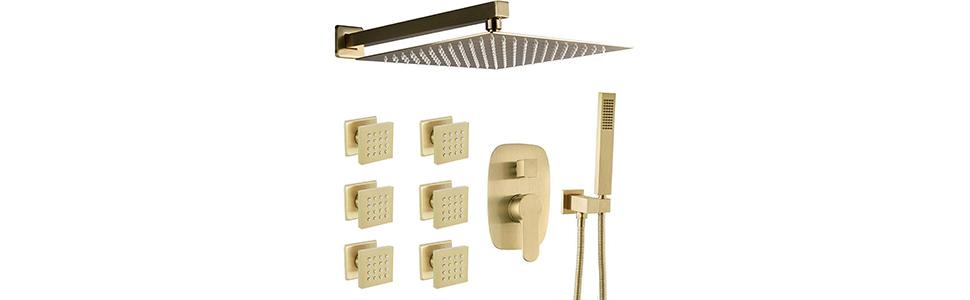 AYIVG Bathroom Square 12 Inch Rainfall Shower Faucet System With 6 PCS Body Jets Mixer Set (Wall ...