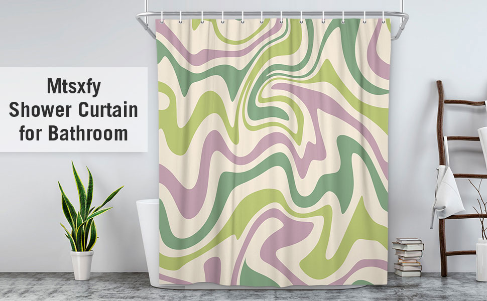 Amazon.com: Boho Sage Green Shower Curtain, Cute Aesthetic 70S Abstract Wavy Swirl Bathroom ...