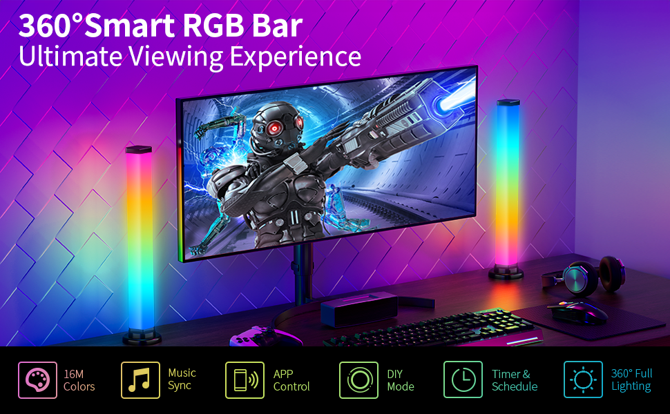 YAMYONE 360° Smart RGB Bar, 33 CM Rhombus LED Gaming Leuchten mit 16 Mil. Farbe, Sync mit Musik ...