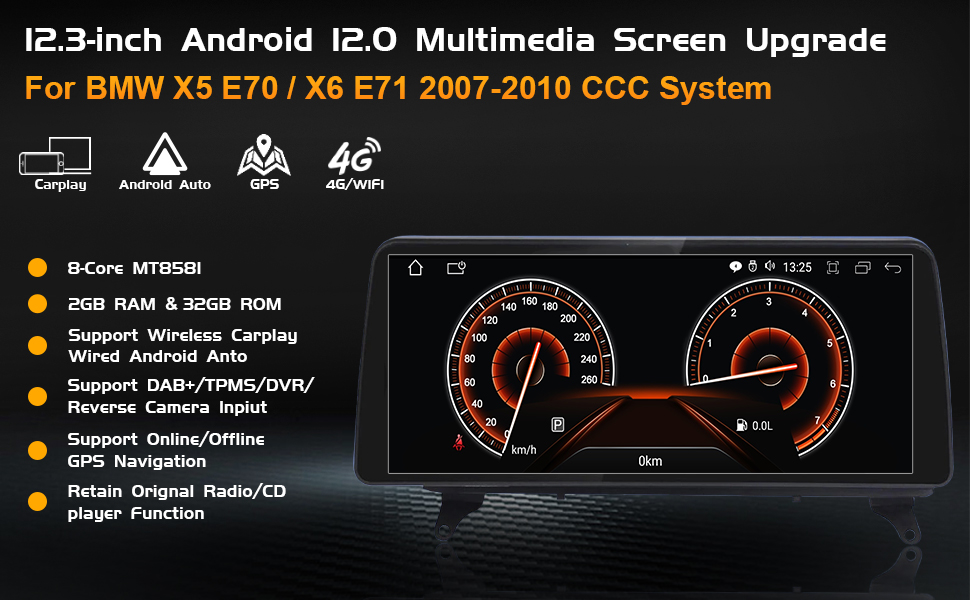 AneQu 12,3 Zoll Carplay Display Für BMW E70 X5 Für BMW X6 E71 2007-2010 CCC System 8-Core 32GB ...