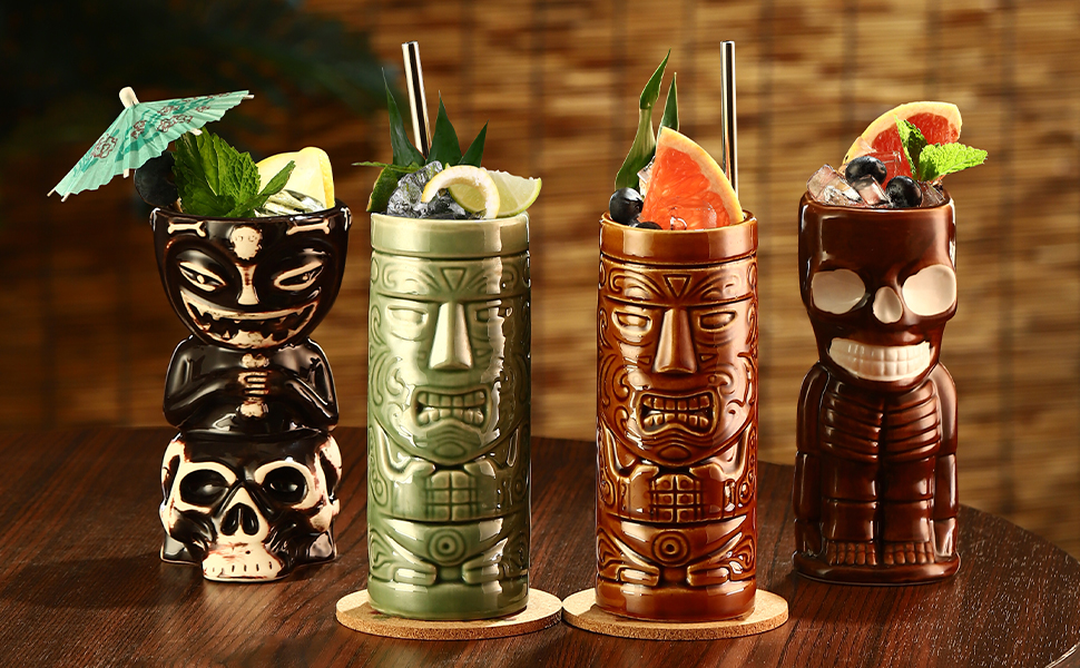 Amazon.com | SUN GKOTTA Tiki Glasses for Cocktails Tiki Mugs Set of 2 Ceramic Tiki Party Cups ...