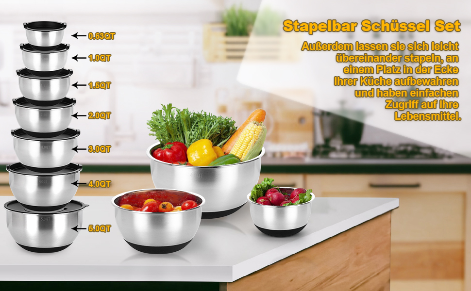 Edelstahl Schüssel Set, 7-teilig Salatschüssel mit Deckel, 3 Reibenaufsätzen, Rührschüssel Set ...