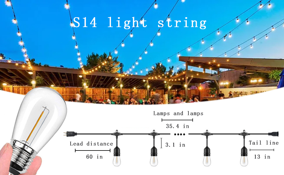LED Outdoor String Lights,49Ft Waterproof IP65 Commercial Grade S14 Heavy Duty Festoon String ...