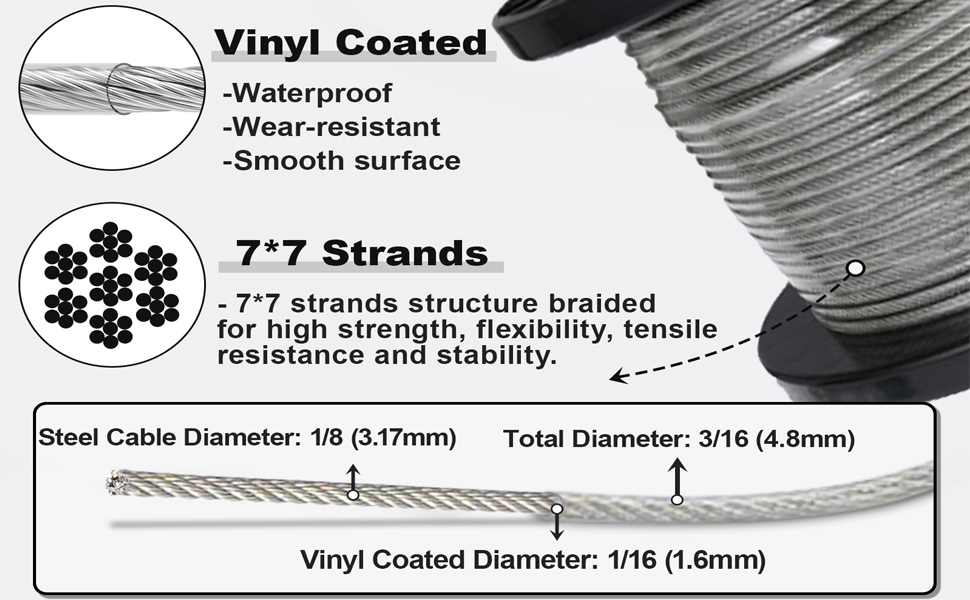 TooTaci 3/16 Wire Rope 100ft & M6 Turnbuckle Tensioner Kit, 304 Stainless Steel Cable 1/8 Thru 3 ...
