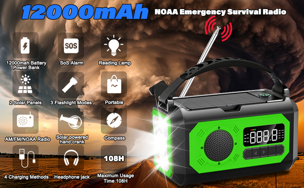12000mAh Emergency Weather Radio,AM/FM/NOAA Portable Weather Radio with Flashlight,Hand Crank ...