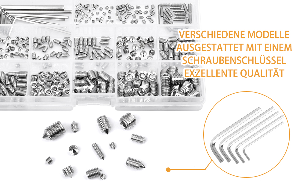 VIGRUE 260 Stück Madenschraube Kegelspitze Hex Madenschrauben Sortiment M3 M4 M5 M6 M8 Edelstahl ...