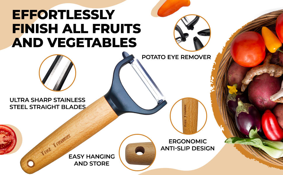 Amazon.com: Trez Treamer 4 Pack Vegetable Peelers for Kitchen, Y Wooden Potato Peeler Set for ...