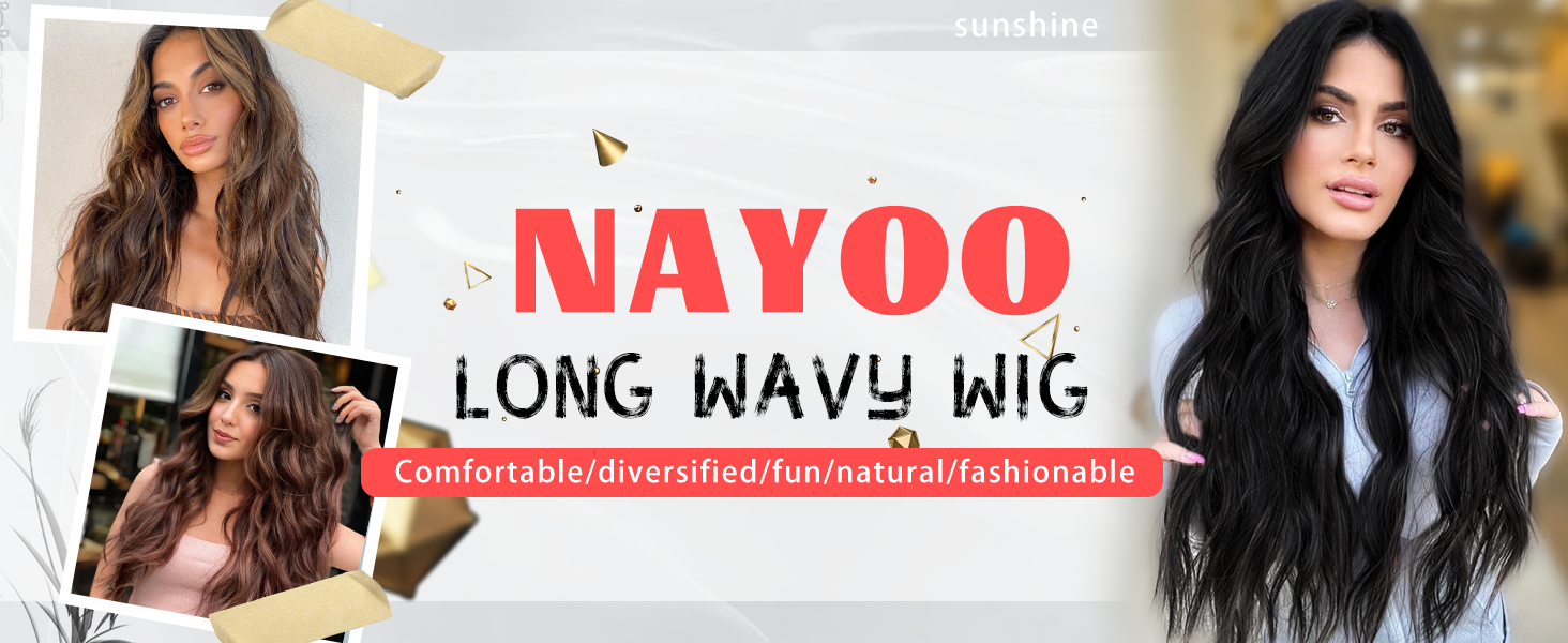 Amazon.com : NAYOO Long Wavy Wigs for Women Nature Black Middle Part Wig Synthetic Heat ...