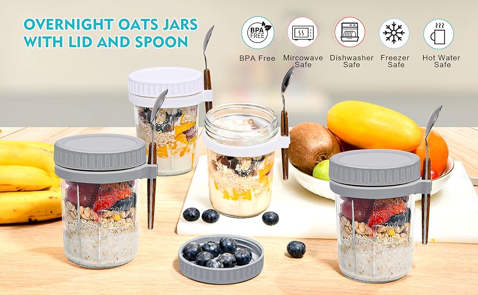 Amazon.com: Vuinop Mason Jars for Overnight Oats: 4 Pack Overnight Oats Containers with Lids and ...