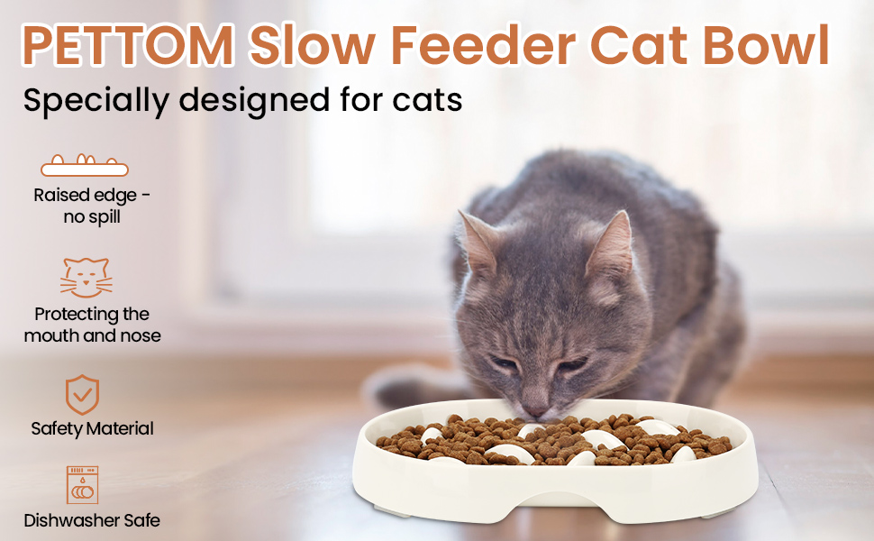PETTOM Slow Feeder Cat Bowl Anti Vomiting, 2023 Upgrade- Raised Rim Spill Proof Slow Food Cat ...