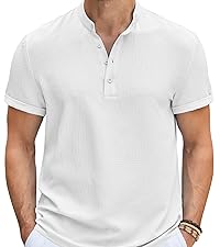 COOFANDY Men's Casual Henley Shirt Band Collar Short Sleeve Shirt Summer Beach Hippie Shirt at ...